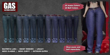 Second Life Marketplace - GAS [Ladies Jeans + Belt Savannah - 10 Colors ...